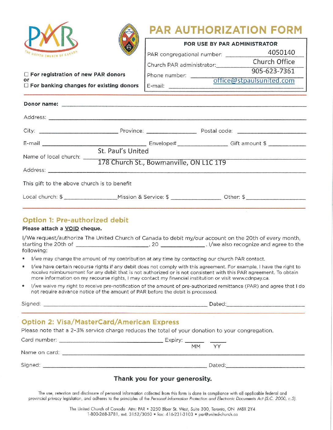 St. Paul's PAR Form - St. Paul's United Church